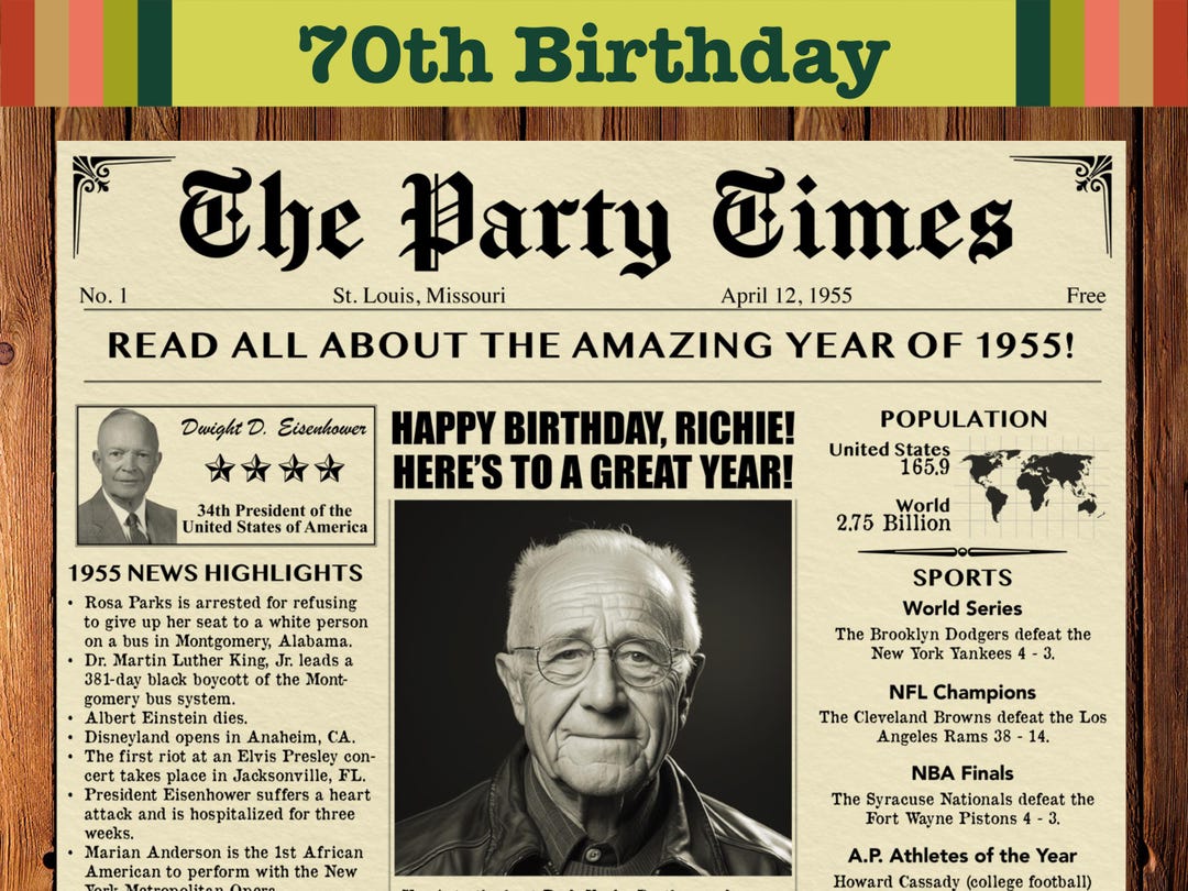 70th Birthday, 1955 Birthday, Custom Newspaper for 70th Birthday ...