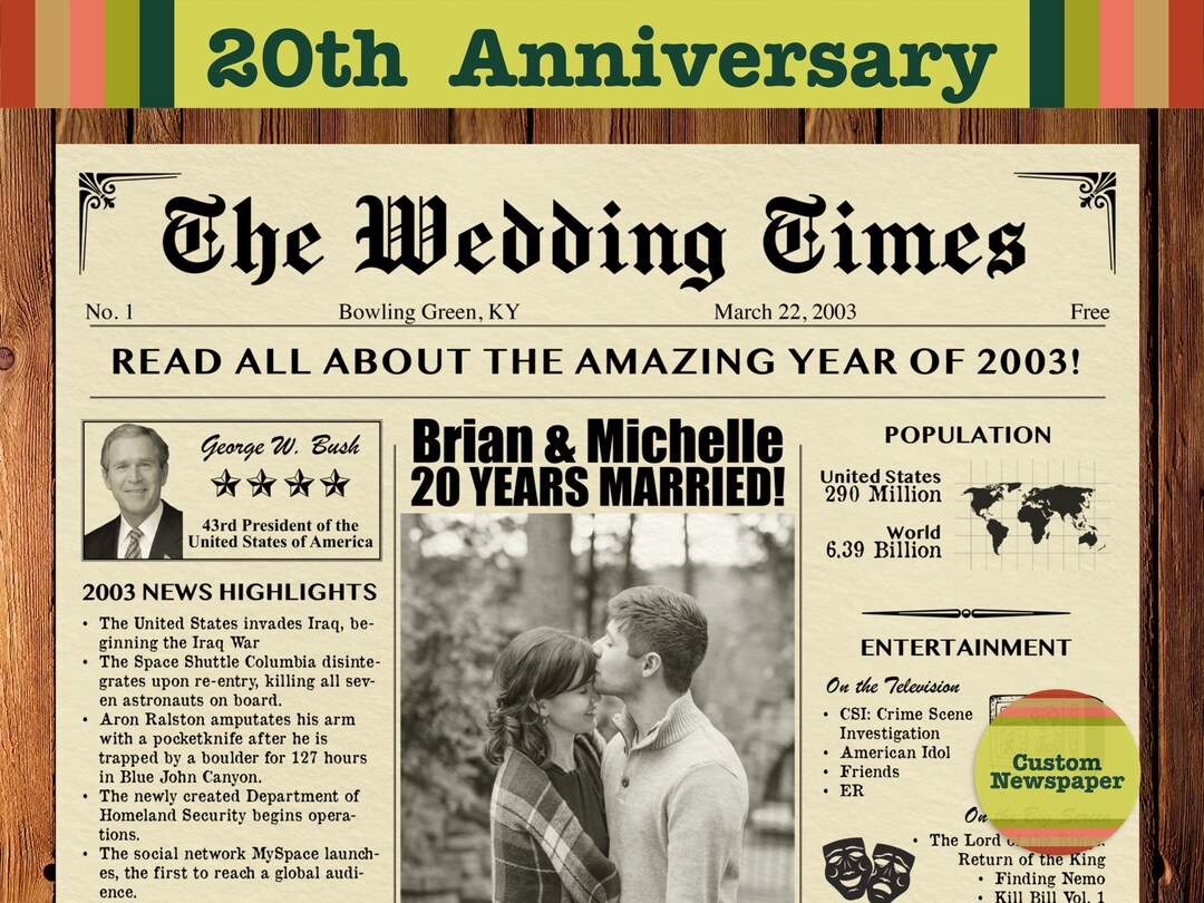 20th Anniversary, Custom Newspaper for 20th Anniversary, 2003 ...