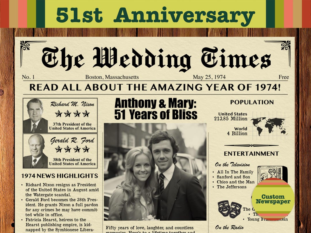 51st Anniversary, Custom Newspaper for 51st Anniversary, 1974 ...