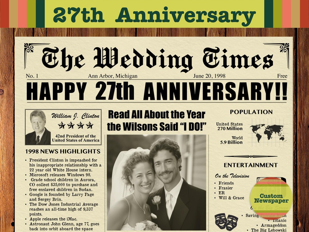 1998 Anniversary, 27th Anniversary Custom Newspaper, 27th Anniversary ...