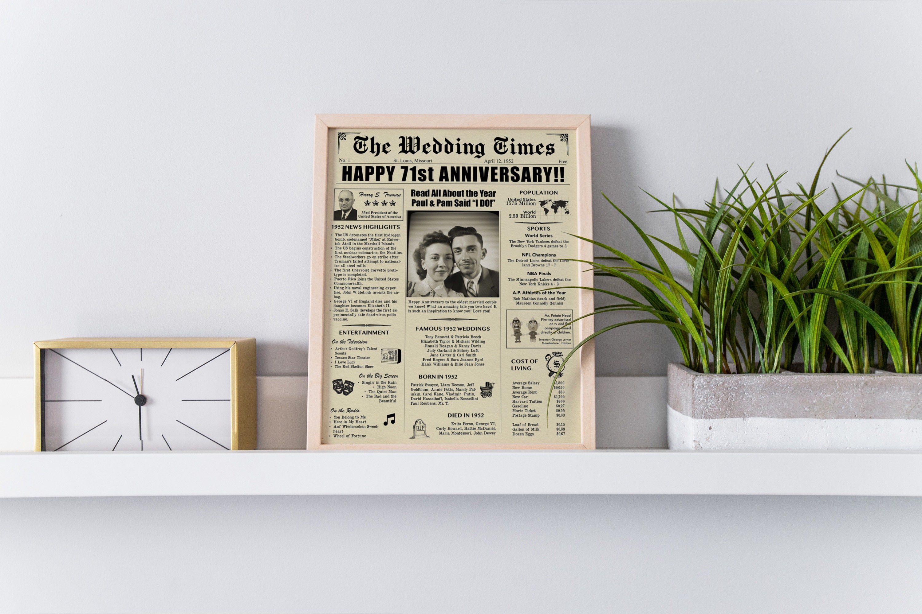 74th Anniversary Newspaper Poster, 1952 Wedding Gift, Personalized ...