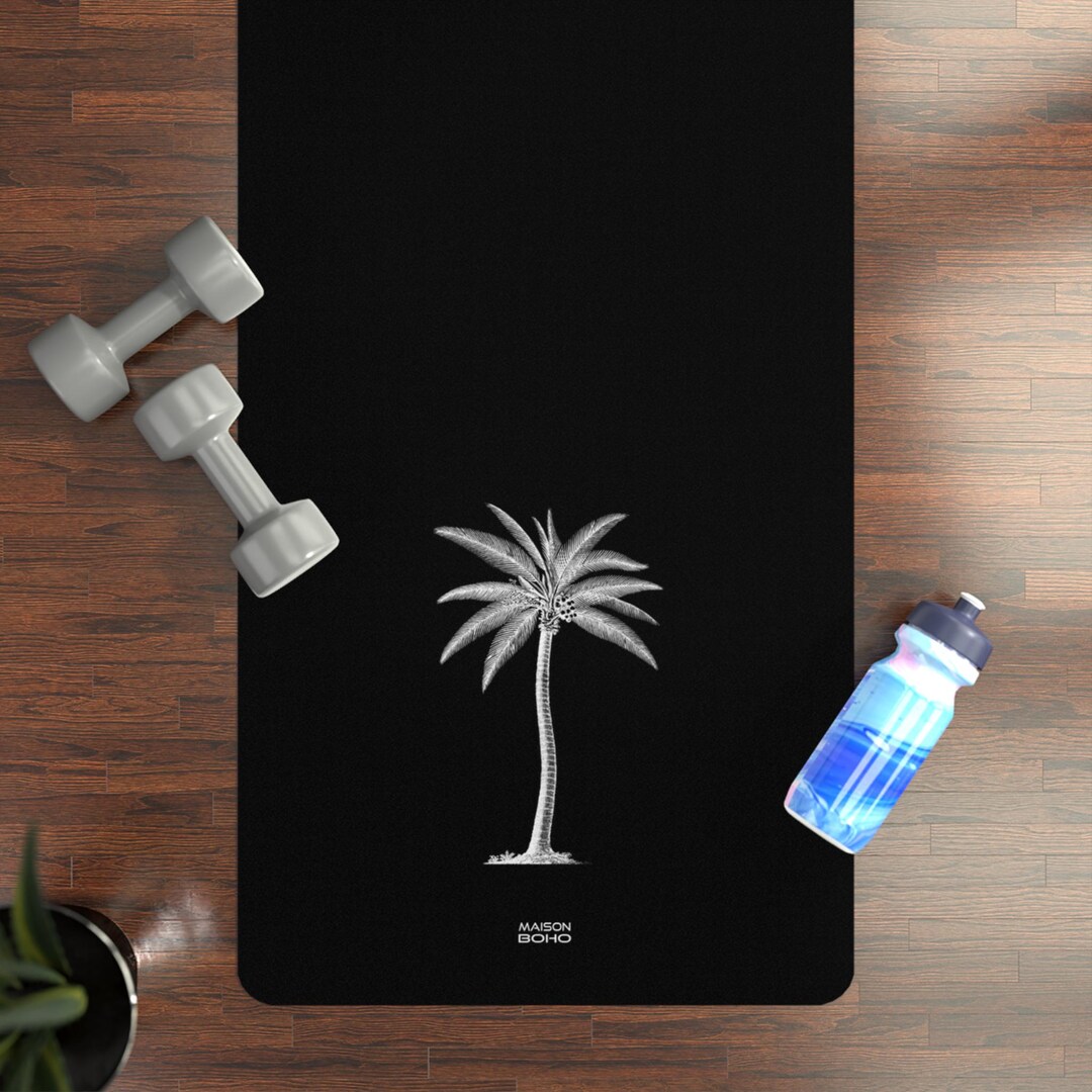 Palm Tree Travel Yoga Mat | Slim Black Yoga Mat | Lightweight 3mm | Non ...