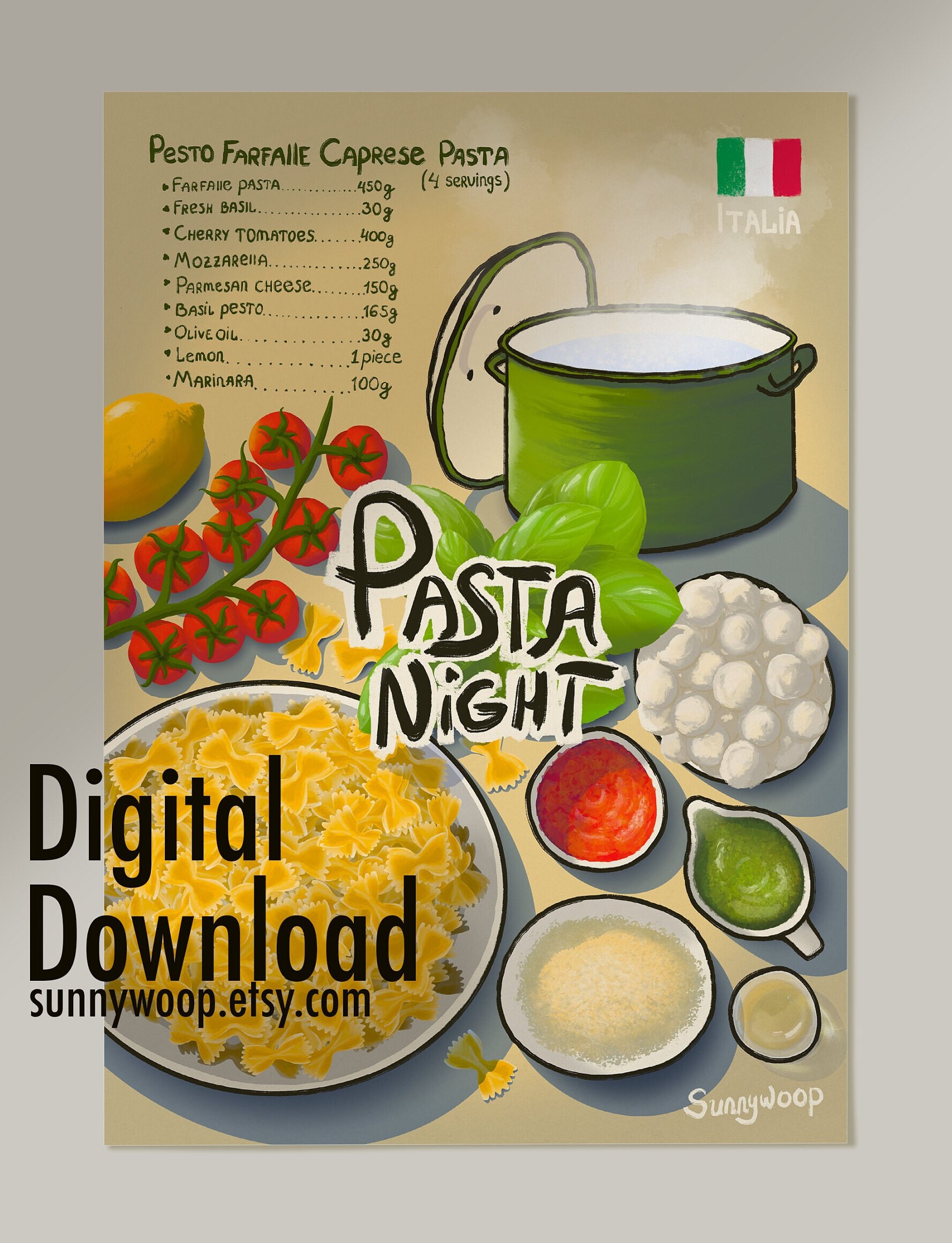 PASTA NIGHT Poster Printable, Hand Drawn Kitchen Wall Art, Aesthetic ...