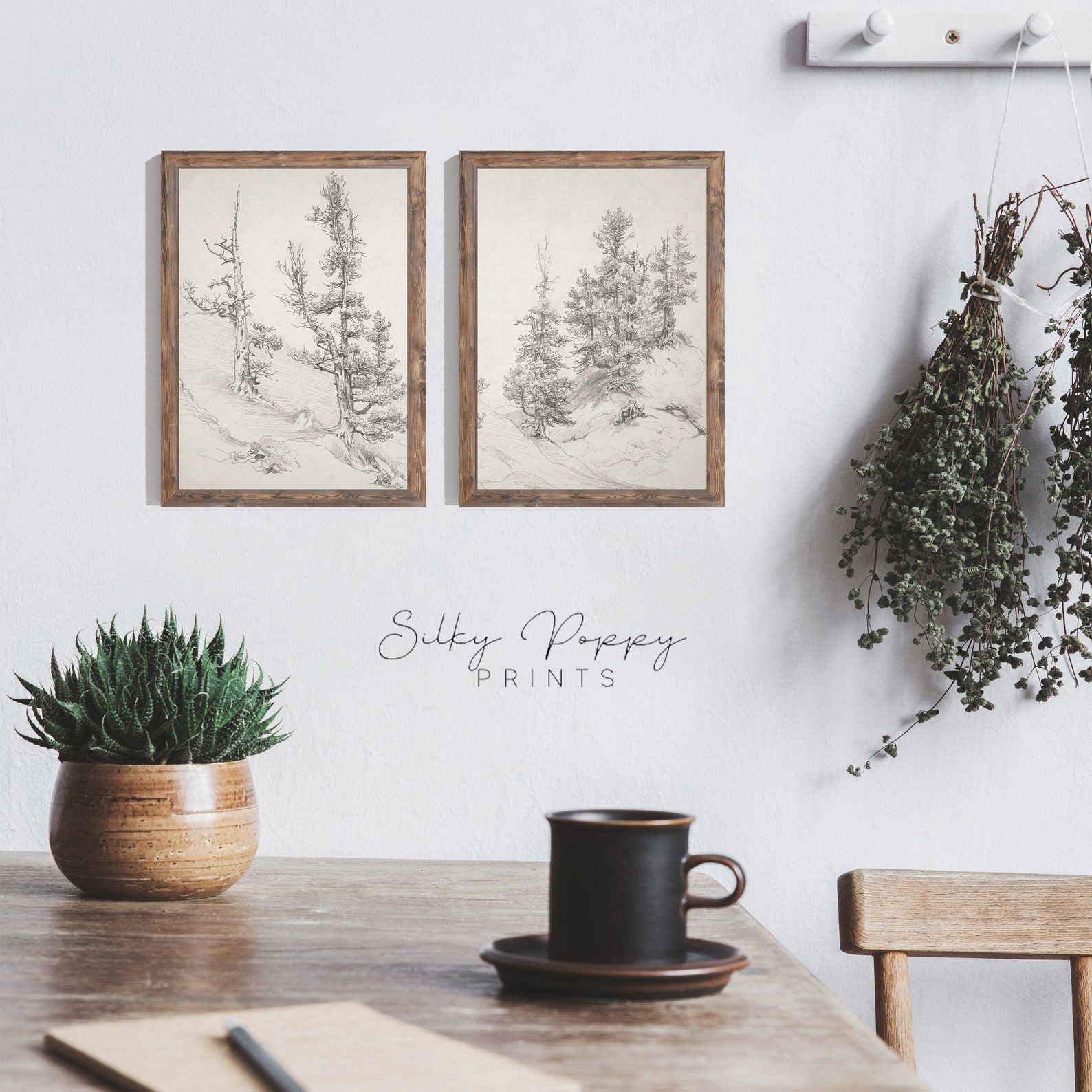 Vintage Pine Forest Sketch Print Set of 2 | Vintage Forest Drawing ...