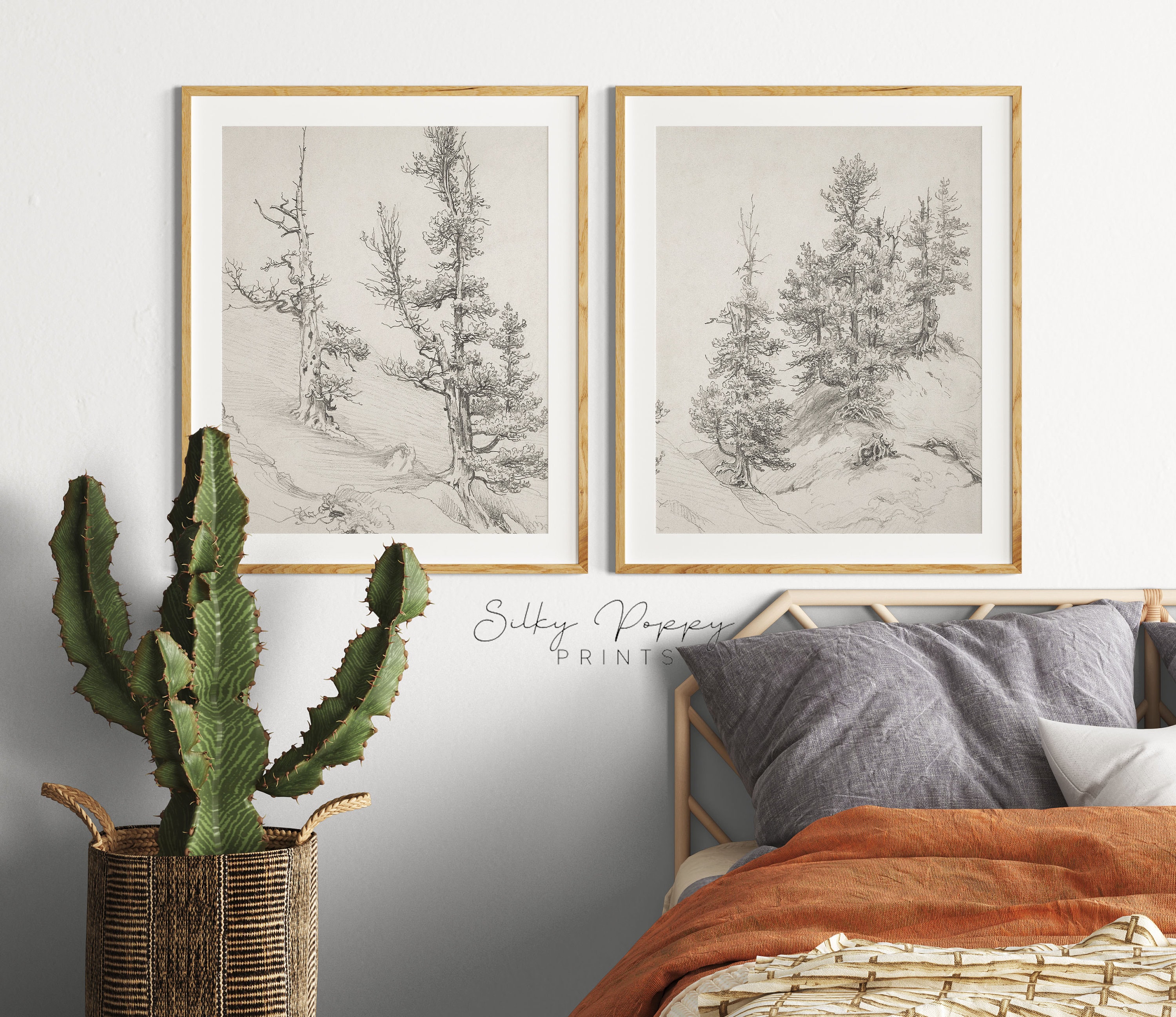 Vintage Pine Forest Sketch Print Set of 2 Vintage Forest Drawing ...