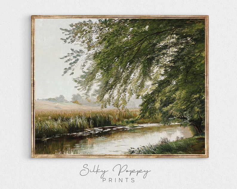Vintage Oil Painting of A Stream Near Forest | Vintage River Landcape ...