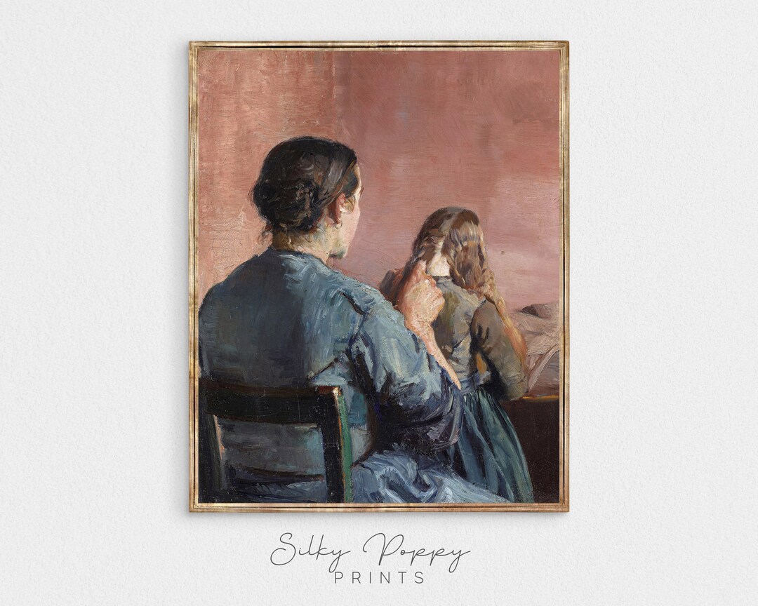 Vintage Painting of Mother Braiding Daughter's Hair | Mother and Child ...