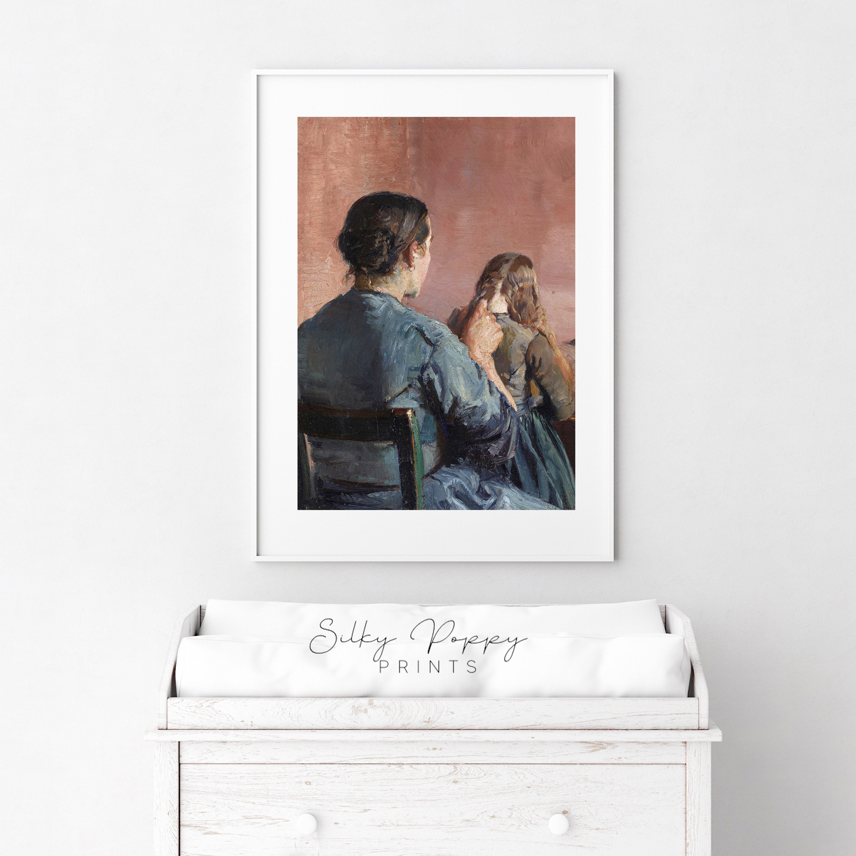 Vintage Painting of Mother Braiding Daughter's Hair | Mother and Child ...