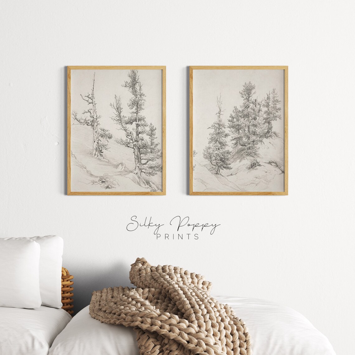 Vintage Pine Forest Sketch Print Set of 2 | Vintage Forest Drawing ...