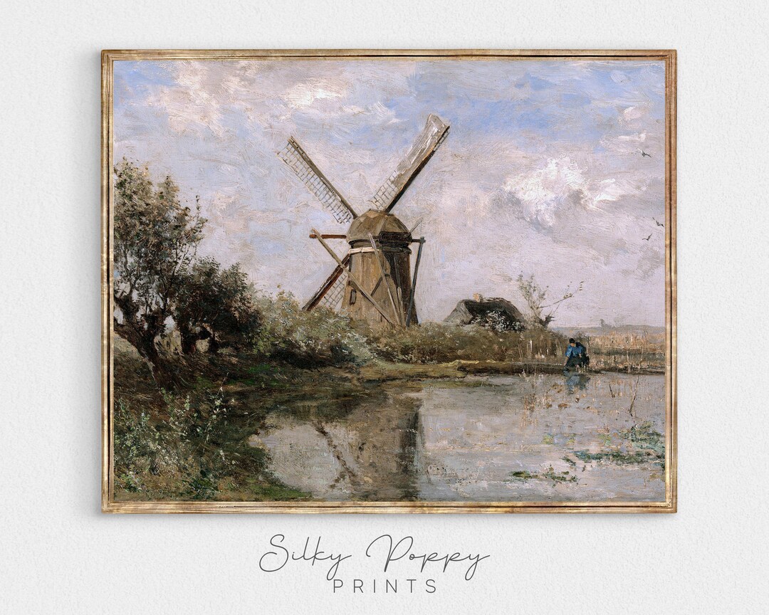 Vintage Dutch Windmill Landscape Painting | Windmill Wall Art | Vintage ...