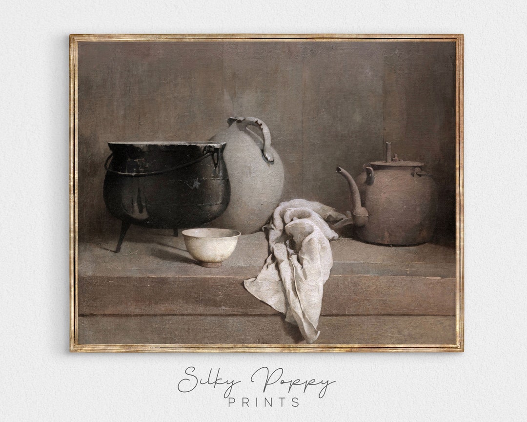 Vintage Kitchen Still Life Oil Painting | Vintage Pot and Kettle Still ...