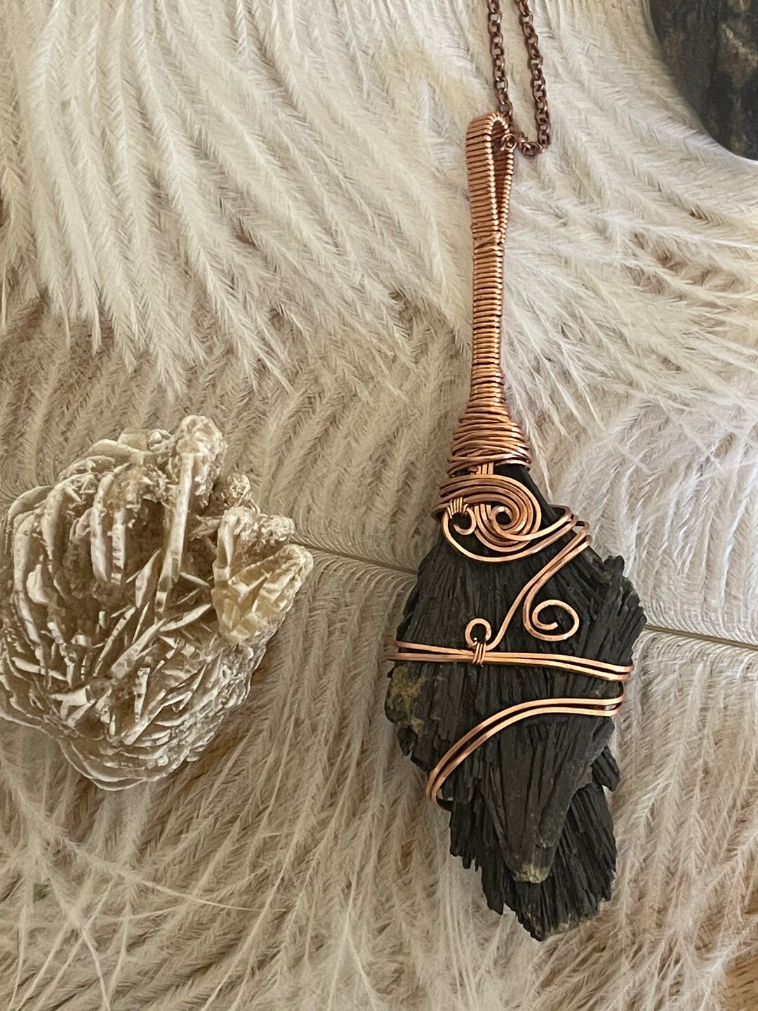 Black Kyanite Broom Pendant Wrapped in Copper Wire. - Etsy