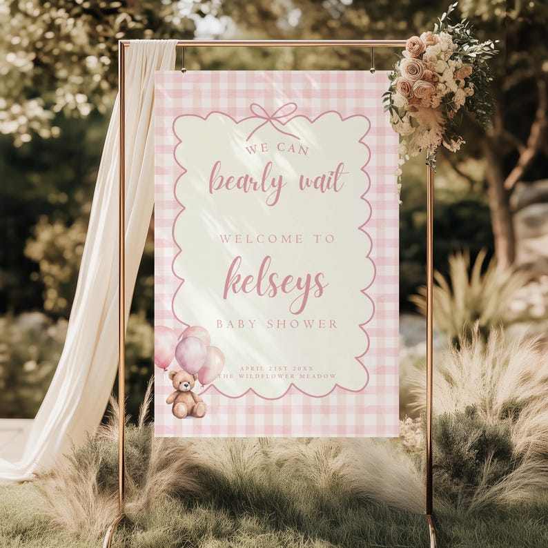 Pink Teddy Bear Baby Shower Welcome Sign Template, Gingham We Can ...