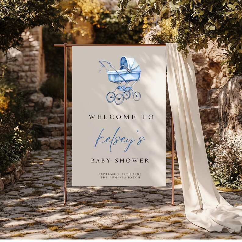 Blue Vintage Carriage Baby Shower Welcome Sign, Blue Stroller Baby ...