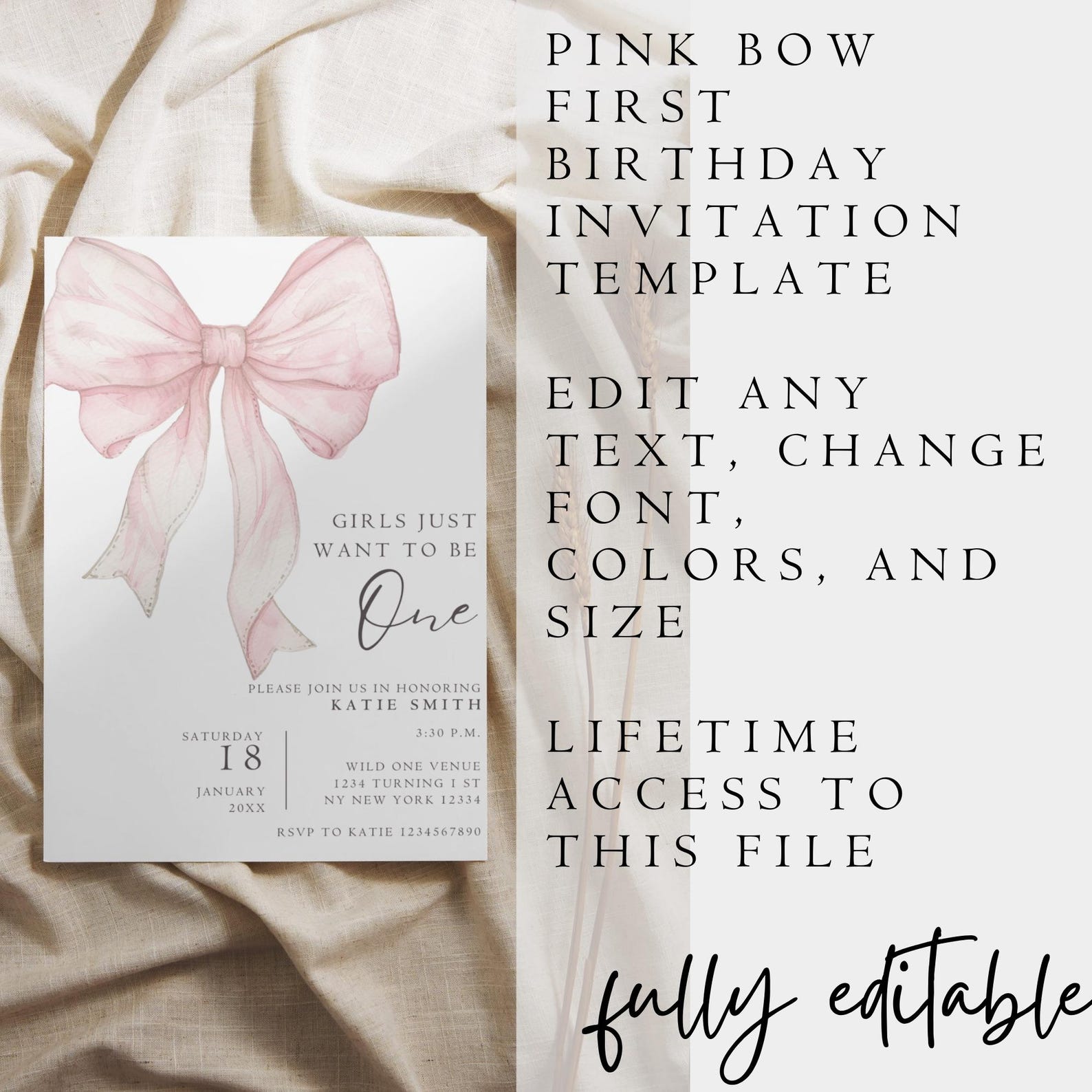 Pink Bow Birthday Invitation Template Girls Just Wanna Be One Birthday ...