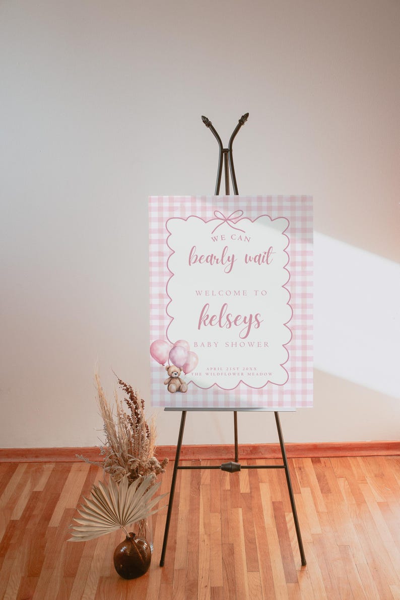 Pink Teddy Bear Baby Shower Welcome Sign Template, Gingham We Can ...