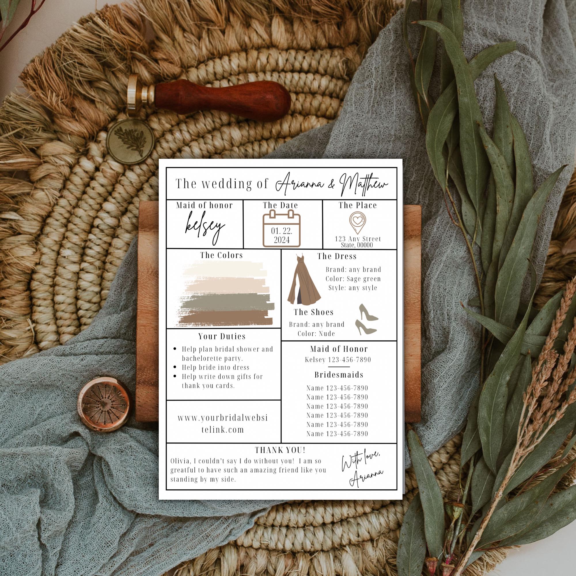 Canva Editable Bridesmaid Info Card Template, Canva Template, Bridal ...