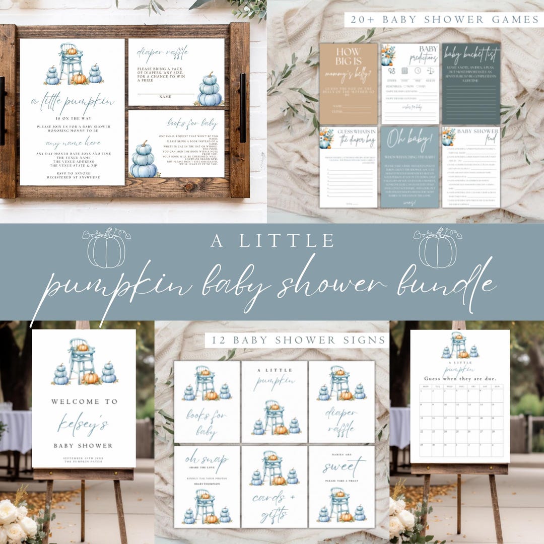 Blue A Little Pumpkin Baby Shower Bundle, Blue Fall Baby Shower Bundle ...
