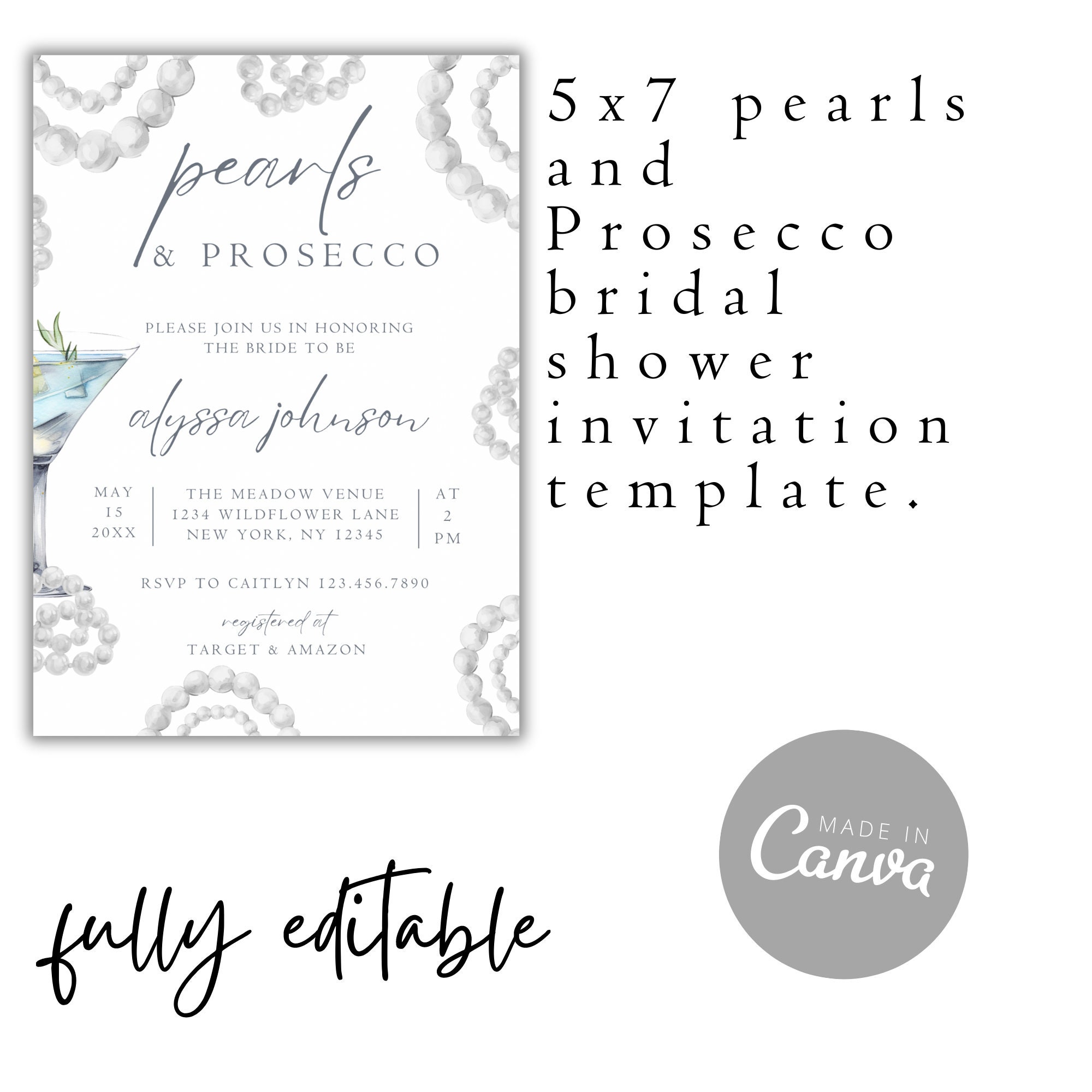 Pearls and Prosecco Bridal Shower Invitation Template, Printable ...