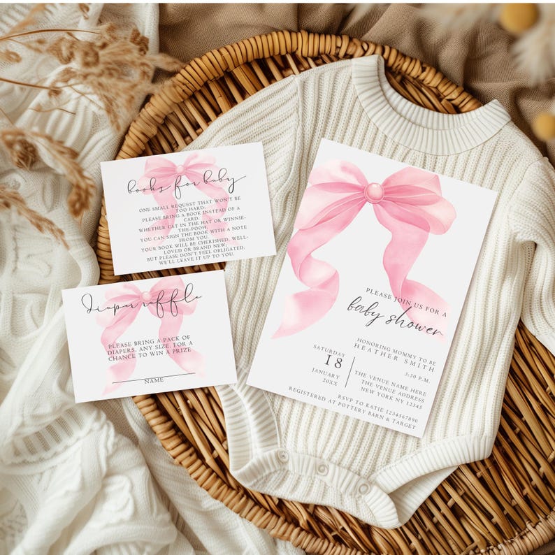 Pink Bow Baby Shower Invitation Template, Pink Coquette Baby Shower ...