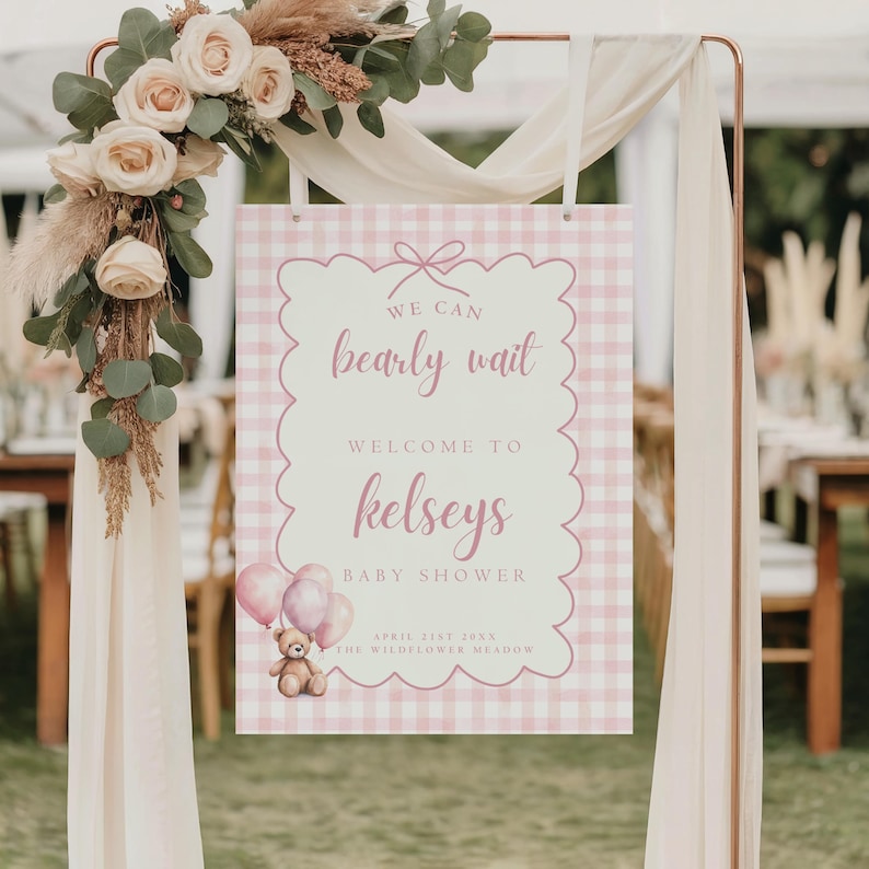 Pink Teddy Bear Baby Shower Welcome Sign Template, Gingham We Can ...