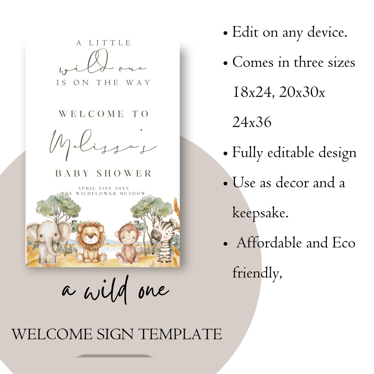 A Little Wild One Baby Shower Welcome Sign Template Safari Themed Baby ...