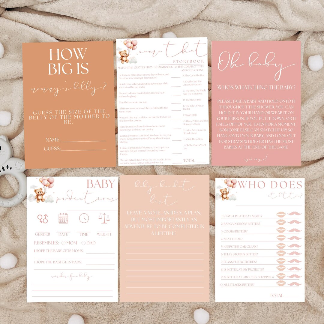 Editable Teddy Bear Baby Shower Game Bundle, Pink Brown Balloons Baby ...