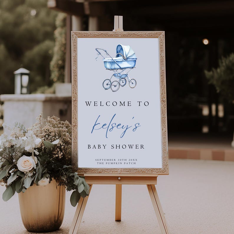 Blue Vintage Carriage Baby Shower Welcome Sign, Blue Stroller Baby ...