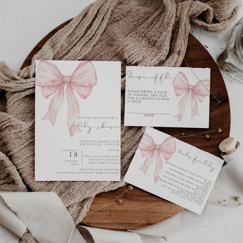 Blush Pink Bow Baby Shower Invitation Editable Elegant Watercolor ...