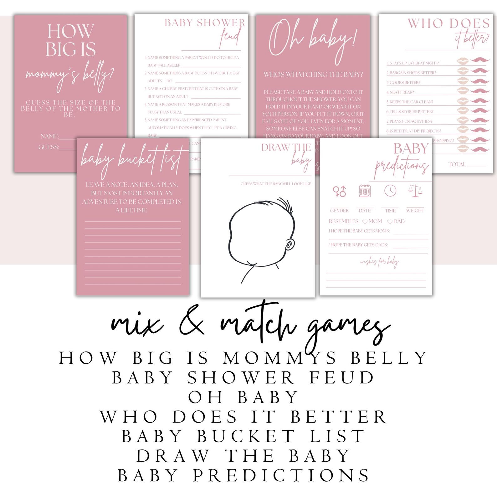 Dusty Pink Baby Shower Game Bundle, Baby Girl Pink Baby Shower Game ...