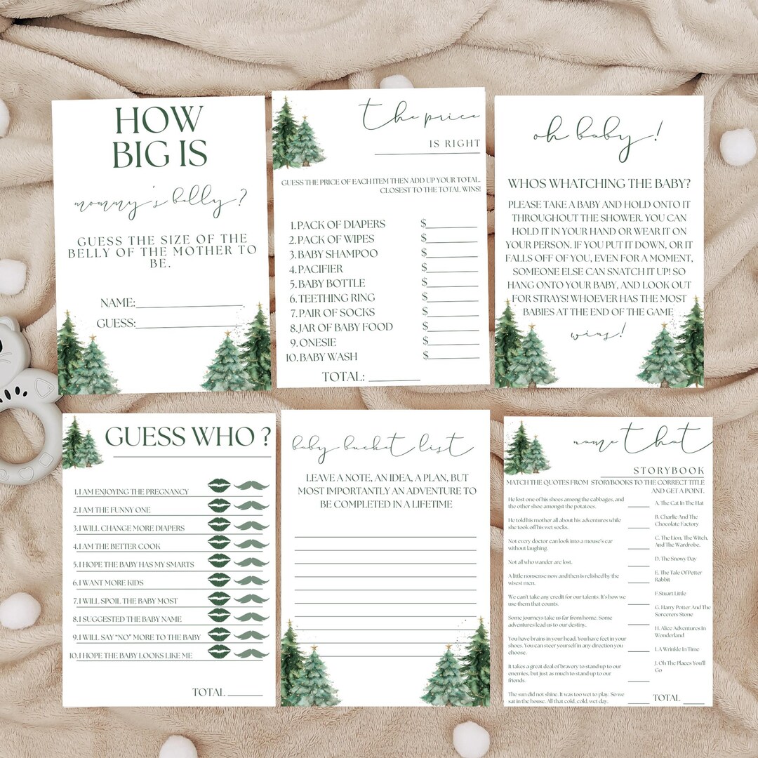 Adventure Awaits Baby Games, Winter Pine Baby Shower Game Bundle ...