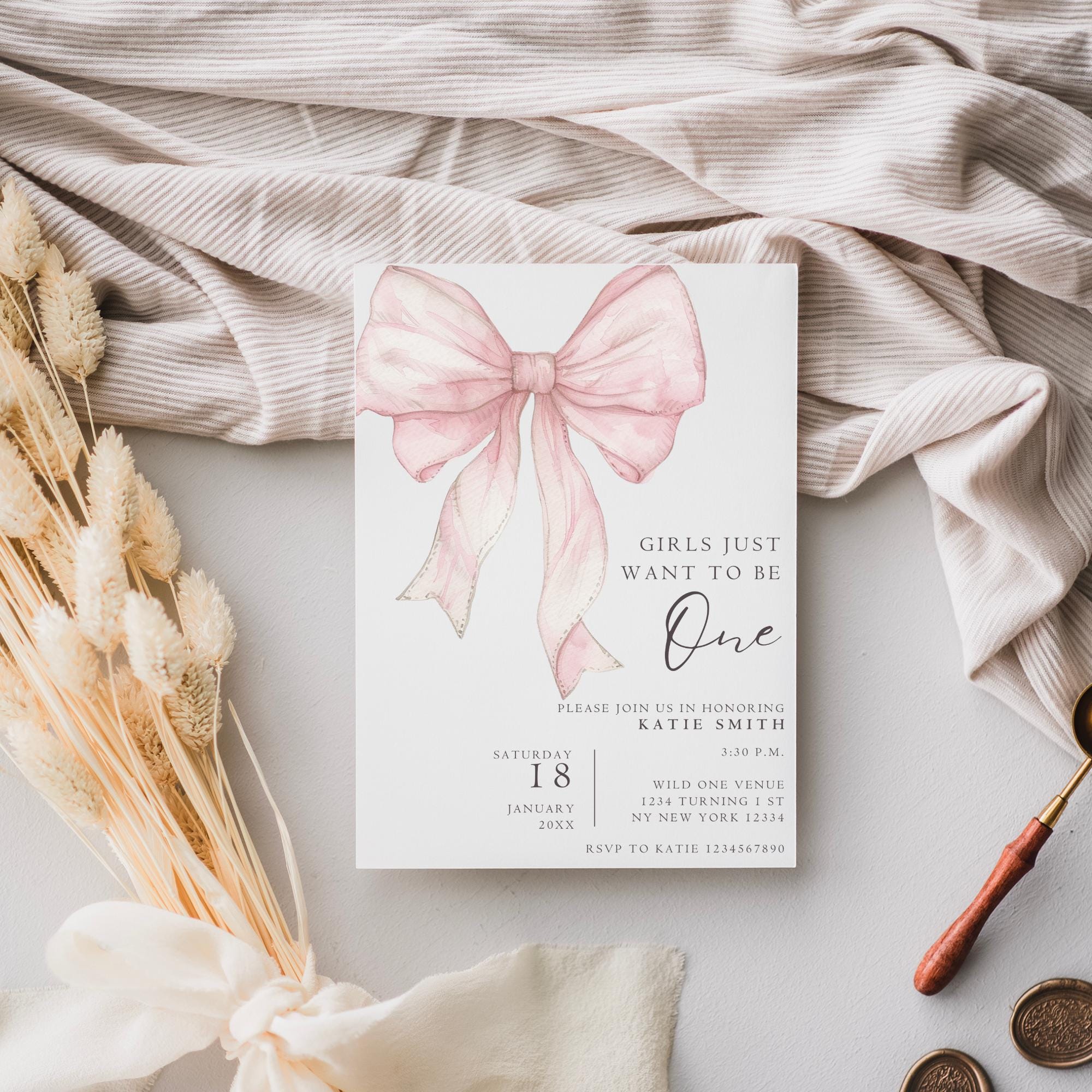 Pink Bow Birthday Invitation Template Girls Just Wanna Be One Birthday ...
