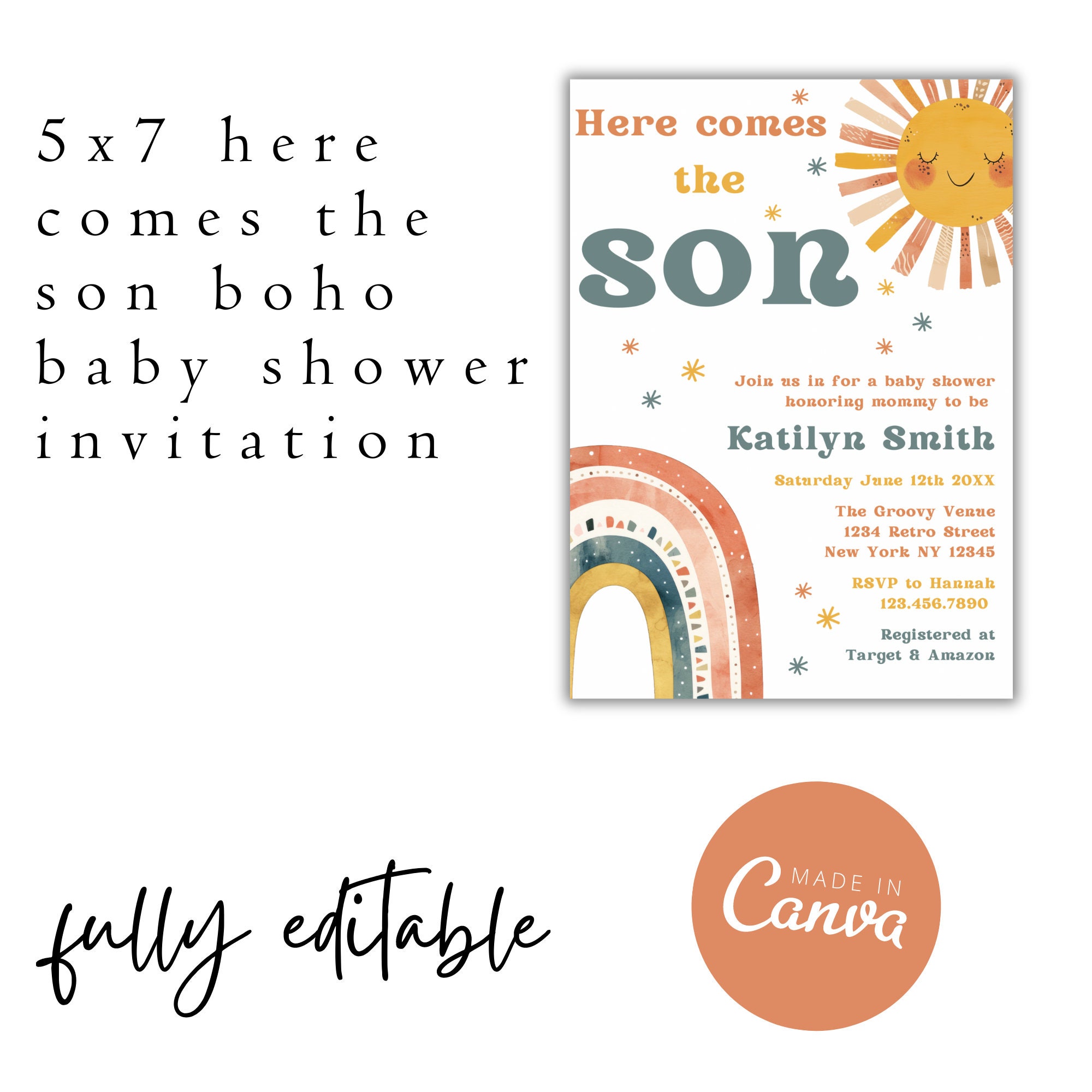 Editable Sunshine Baby Shower Invitation, Here Comes the Son Baby ...