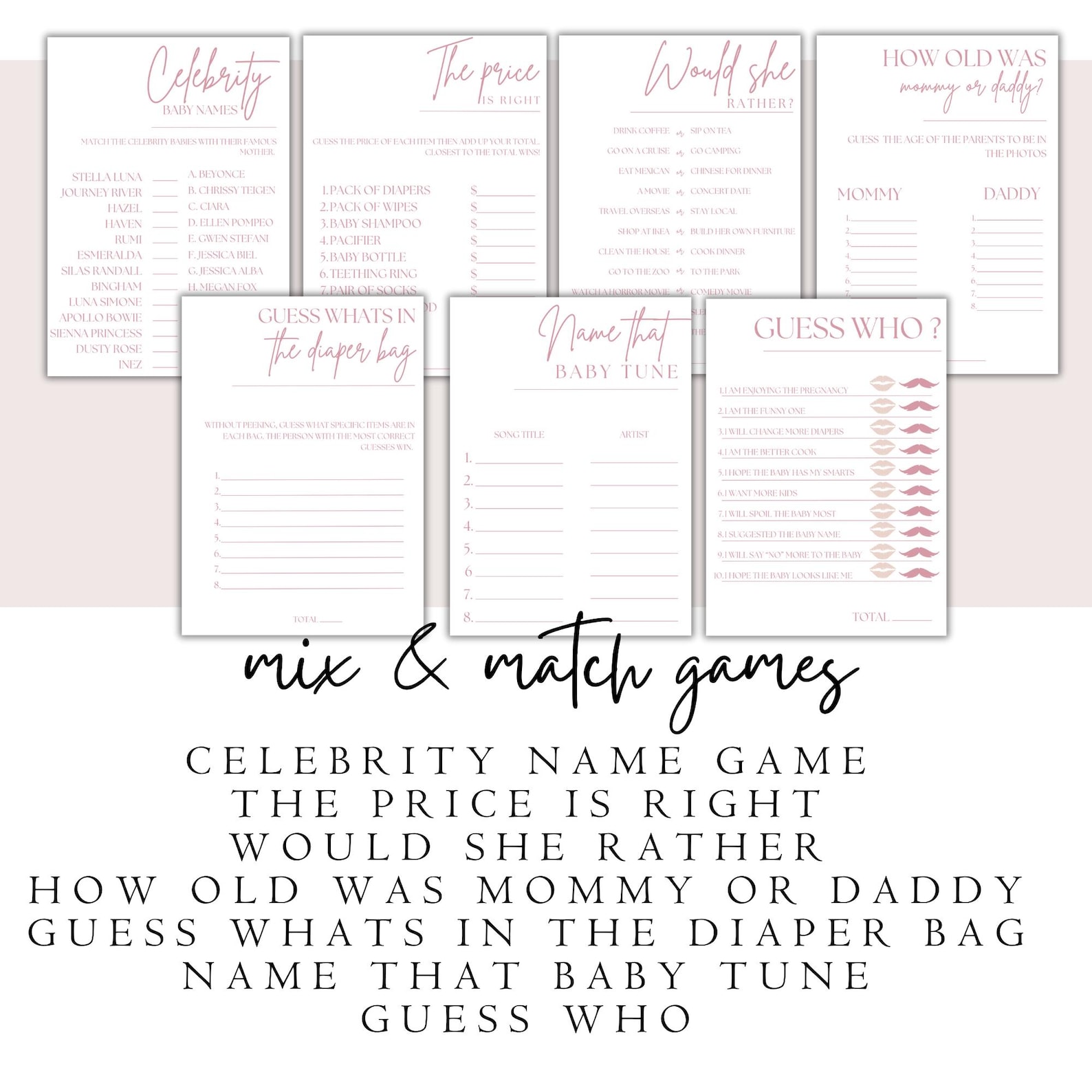 Dusty Pink Baby Shower Game Bundle, Baby Girl Pink Baby Shower Game ...