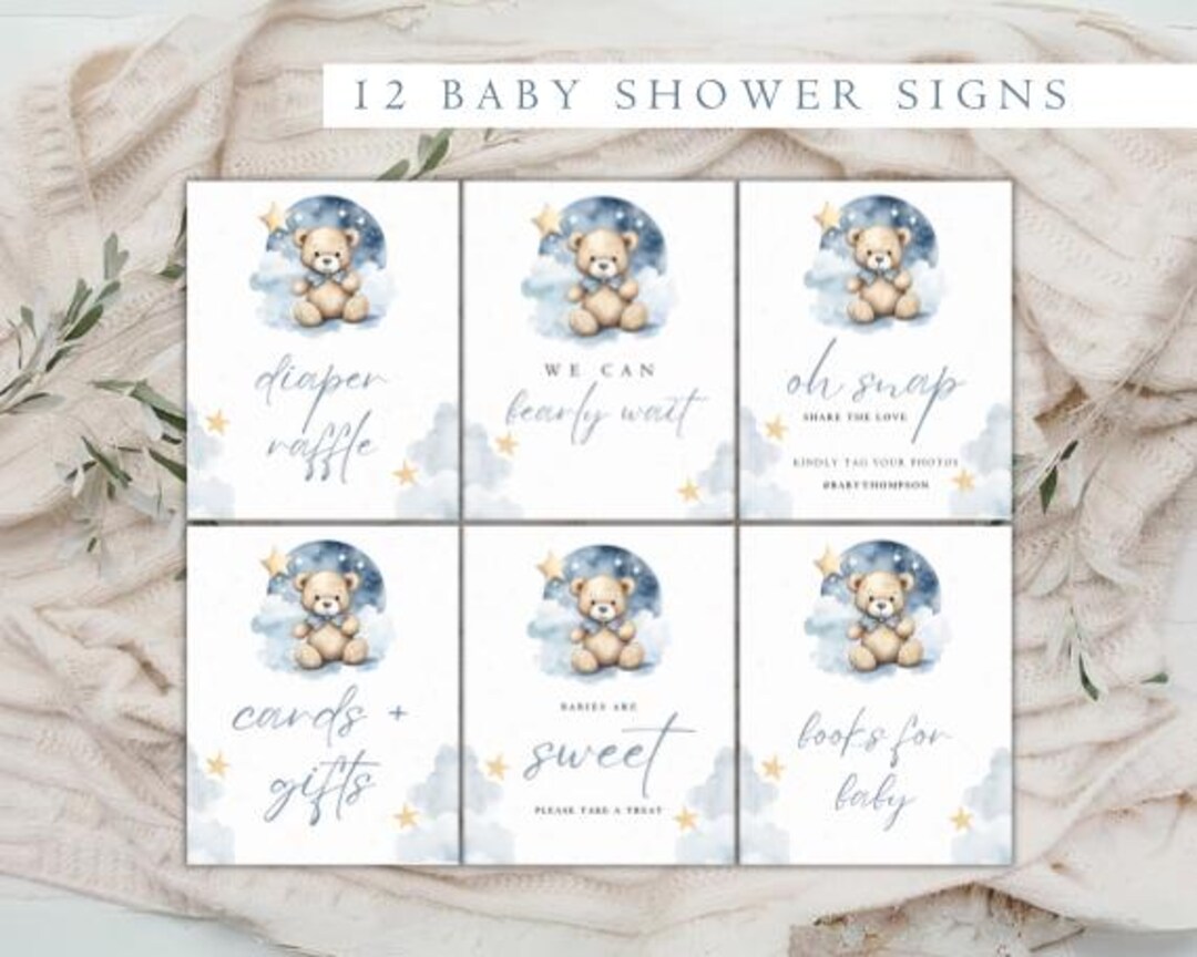 Blue We Can Bearly Wait Table Signs, Baby Boy Bear Baby Shower Table ...
