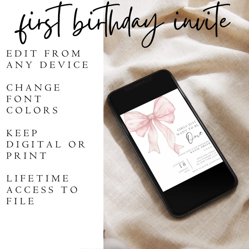Pink Bow Birthday Invitation Template Girls Just Wanna Be One Birthday ...