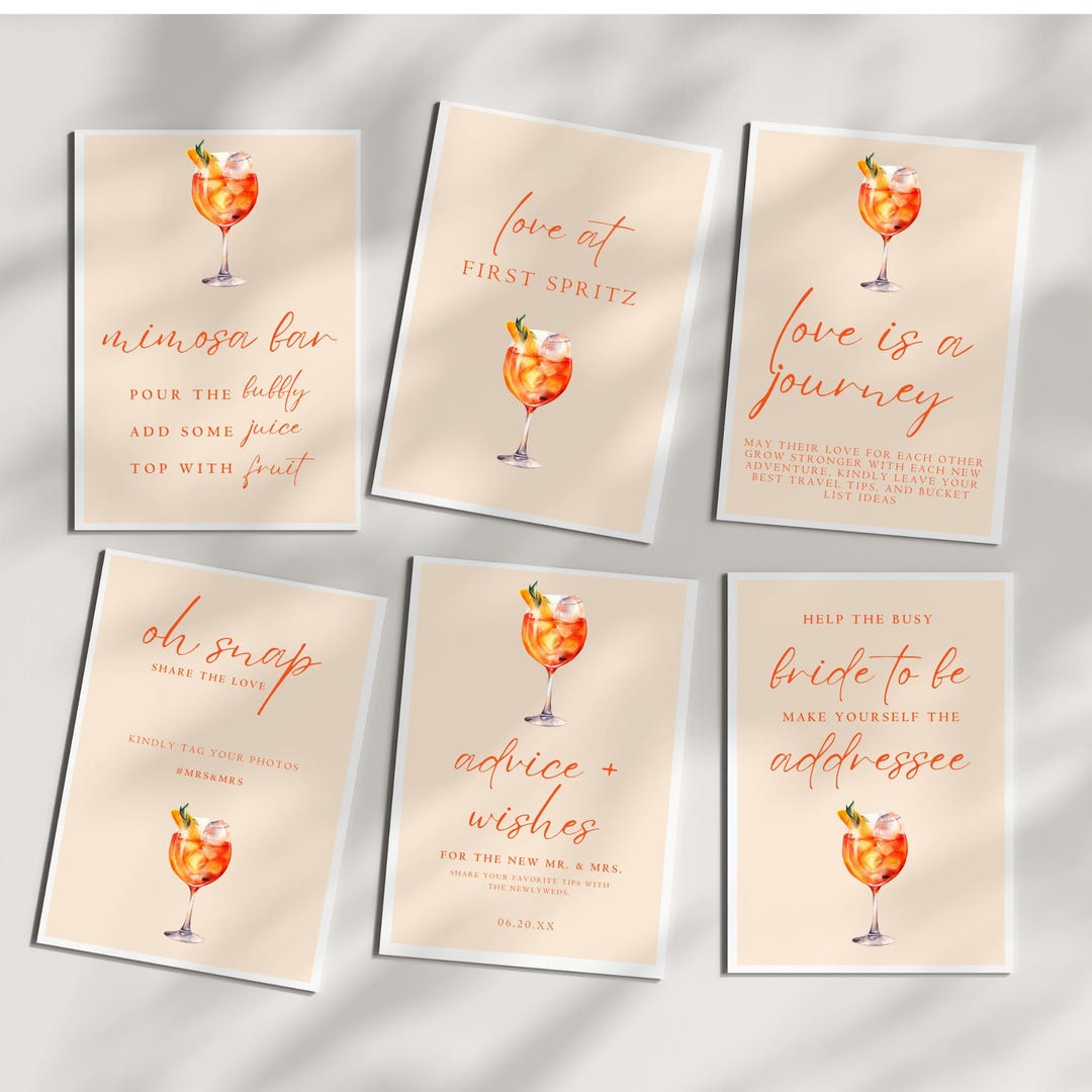 Love at First Spritz Bridal Shower Table Signs Template, Editable ...