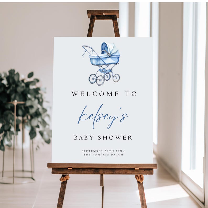 Blue Vintage Carriage Baby Shower Welcome Sign, Blue Stroller Baby ...