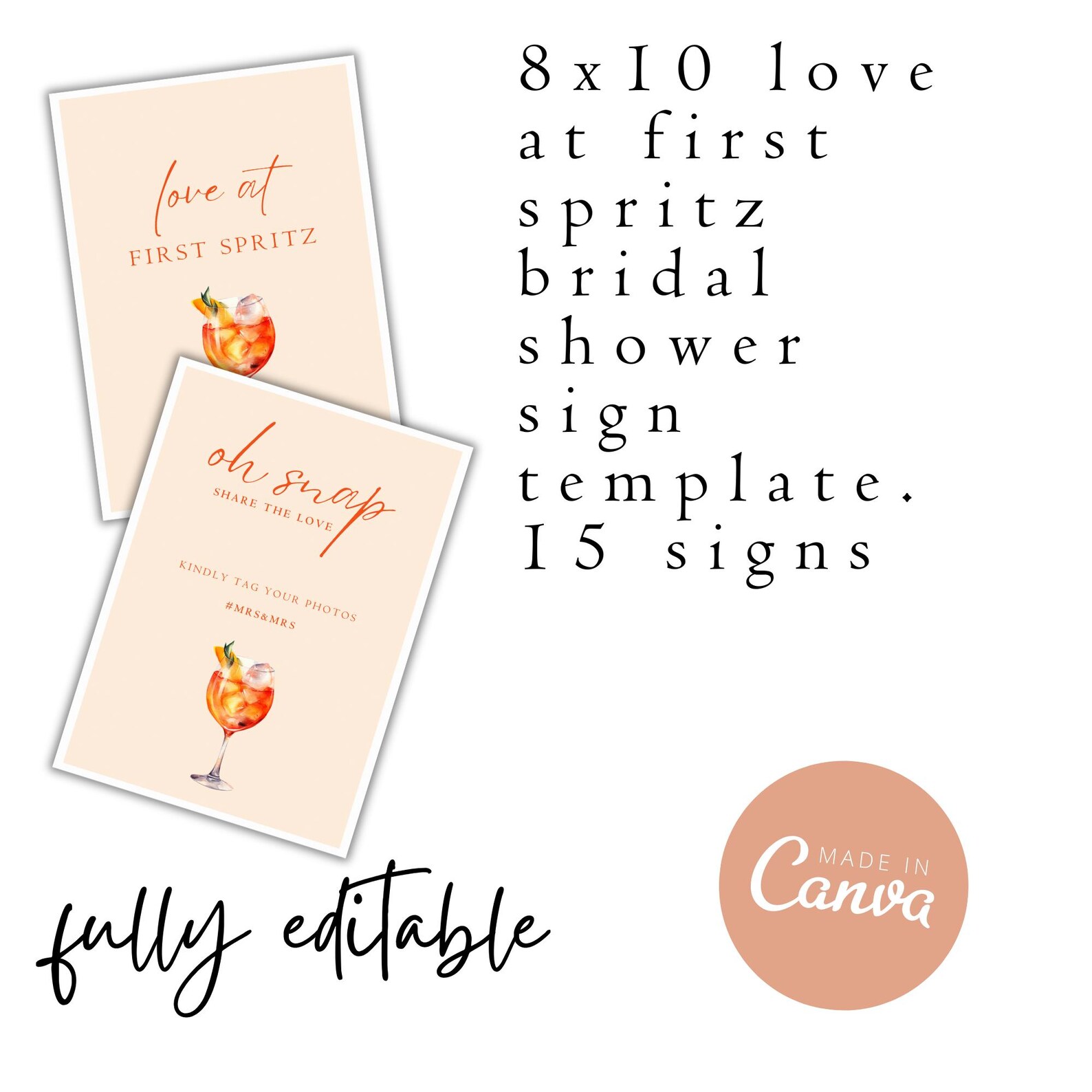 Love at First Spritz Bridal Shower Table Signs Template, Editable ...