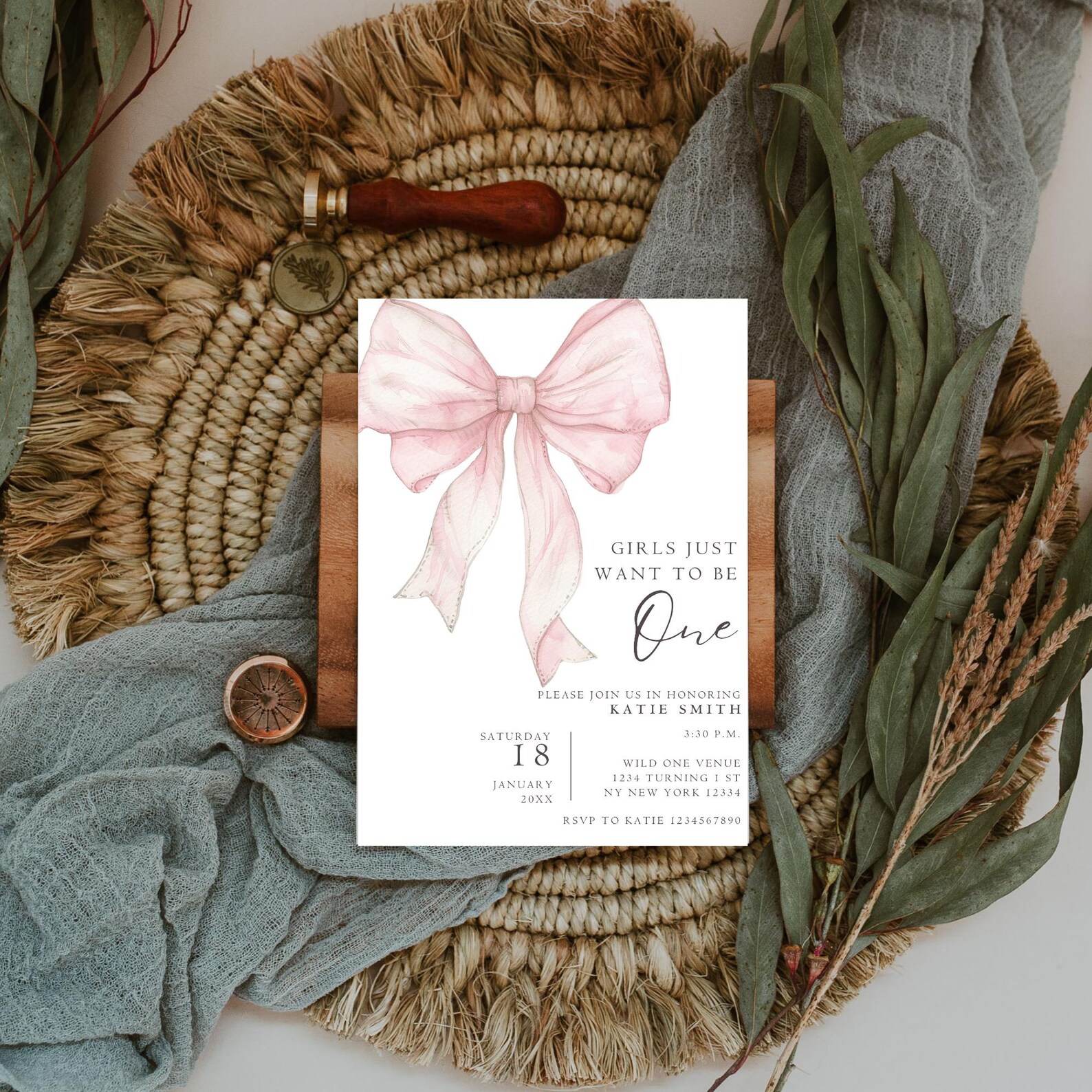 Pink Bow Birthday Invitation Template Girls Just Wanna Be One Birthday ...