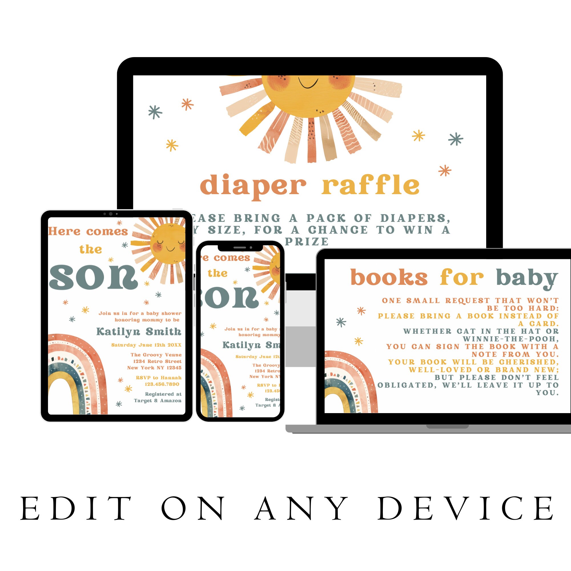 Editable Sunshine Baby Shower Invitation, Here Comes the Son Baby ...