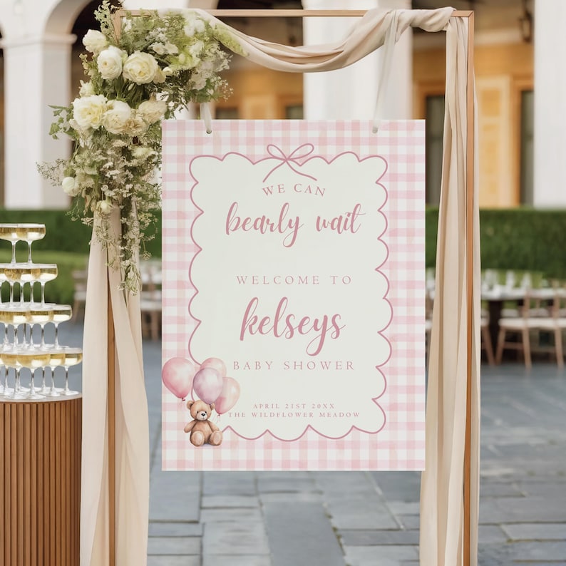 Pink Teddy Bear Baby Shower Welcome Sign Template, Gingham We Can ...