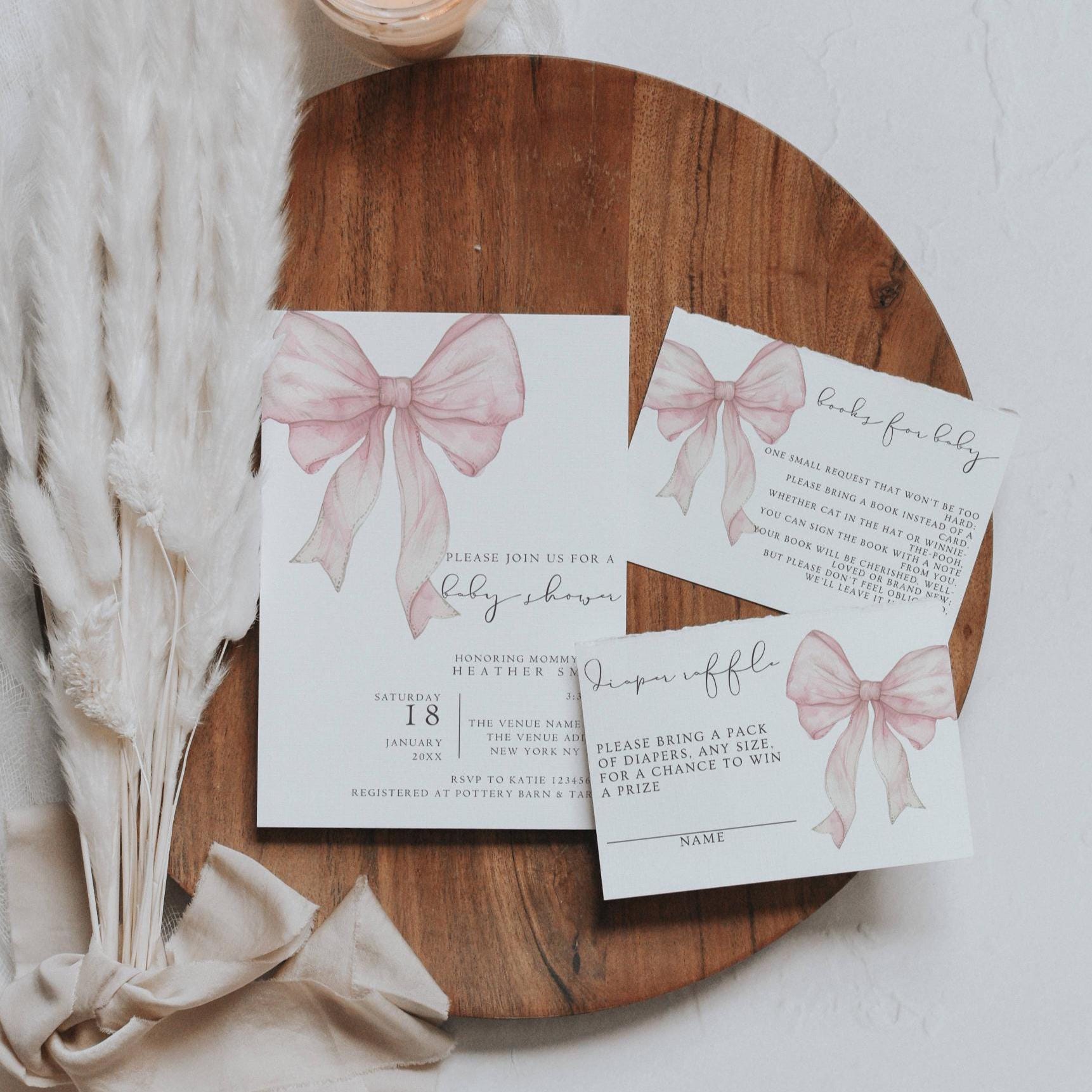 Blush Pink Bow Baby Shower Invitation Editable Elegant Watercolor ...