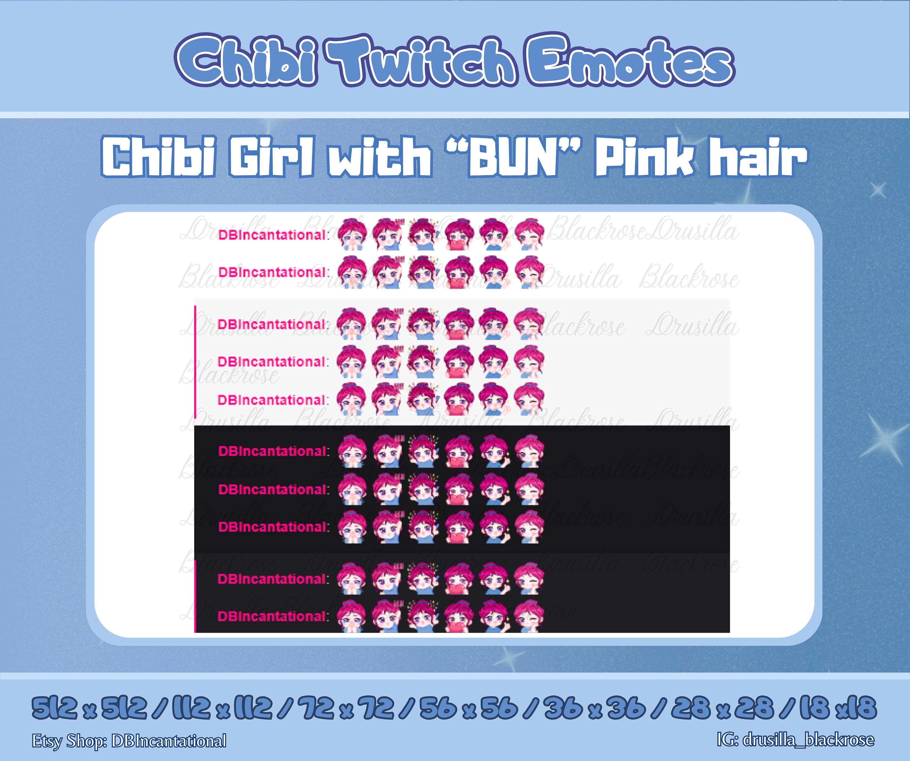 Cute Chibi Girl Emote With Bun Hairstyle, Pink Hair Purple Eyes, 6 ...