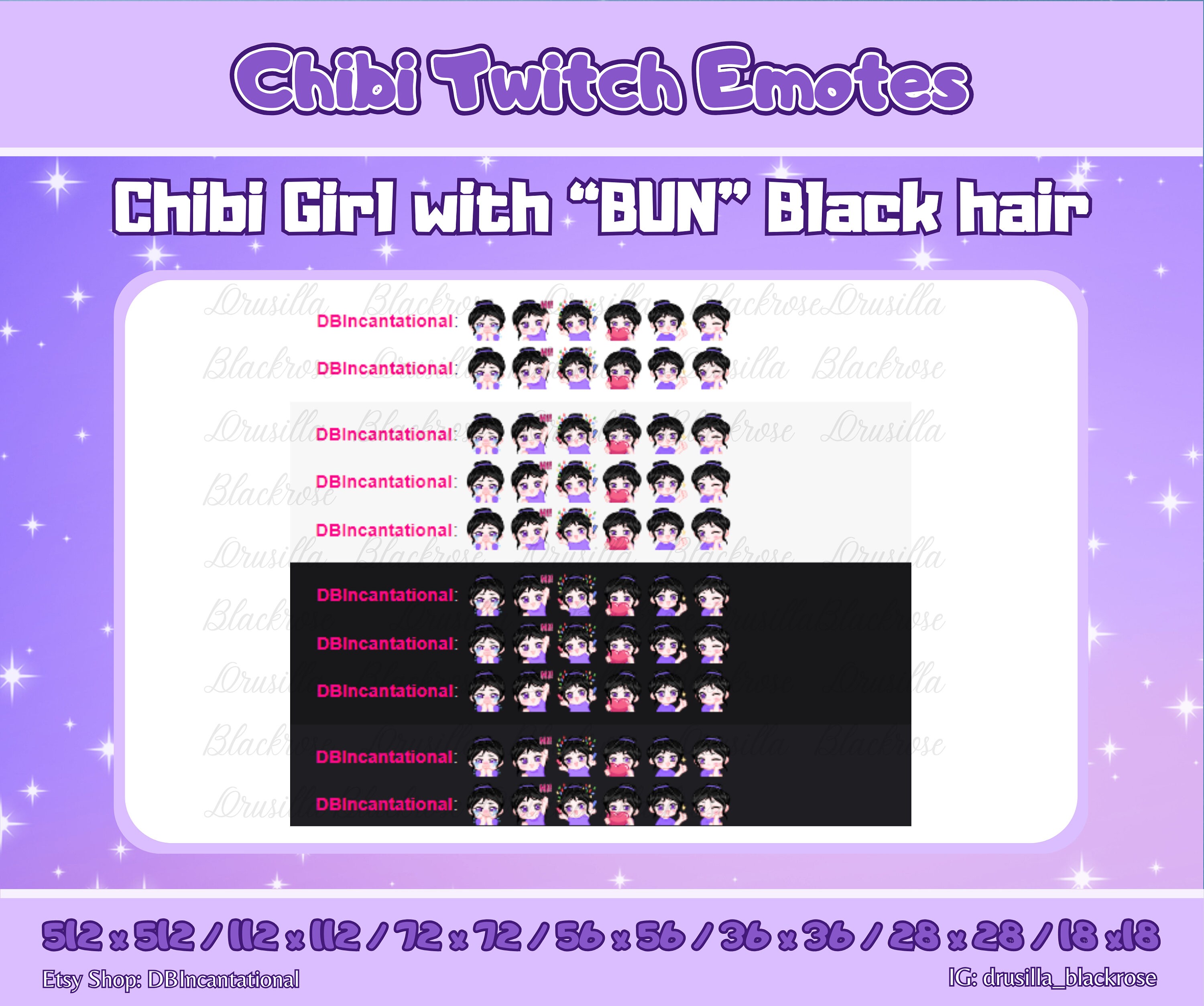 Cute Chibi Girl Emote With Bun Hairstyle, Black Hair Purple Eyes, 6 ...