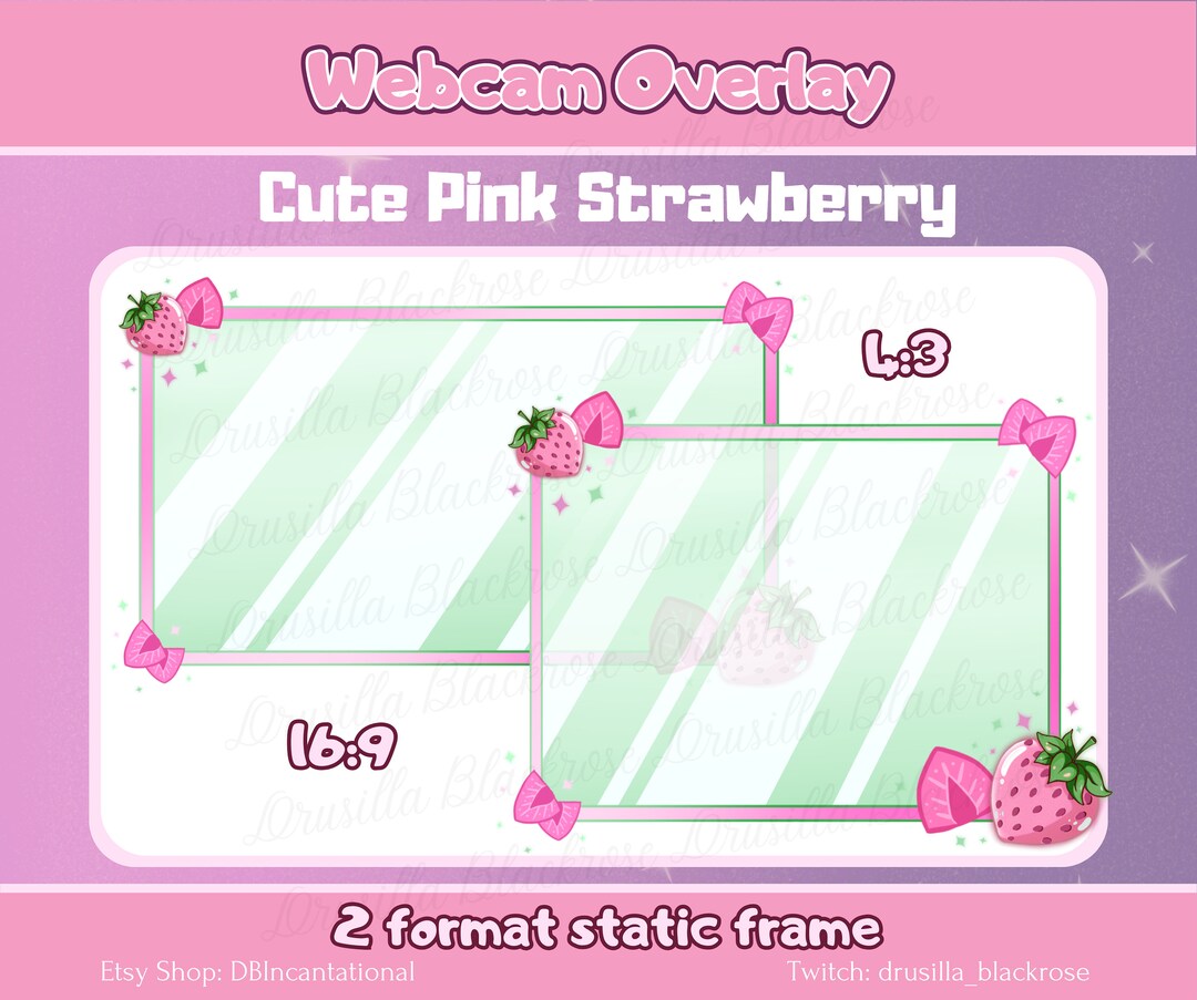Adorable Pink Strawberry Webcam Frame, Pastel Kawaii Stream Graphics ...