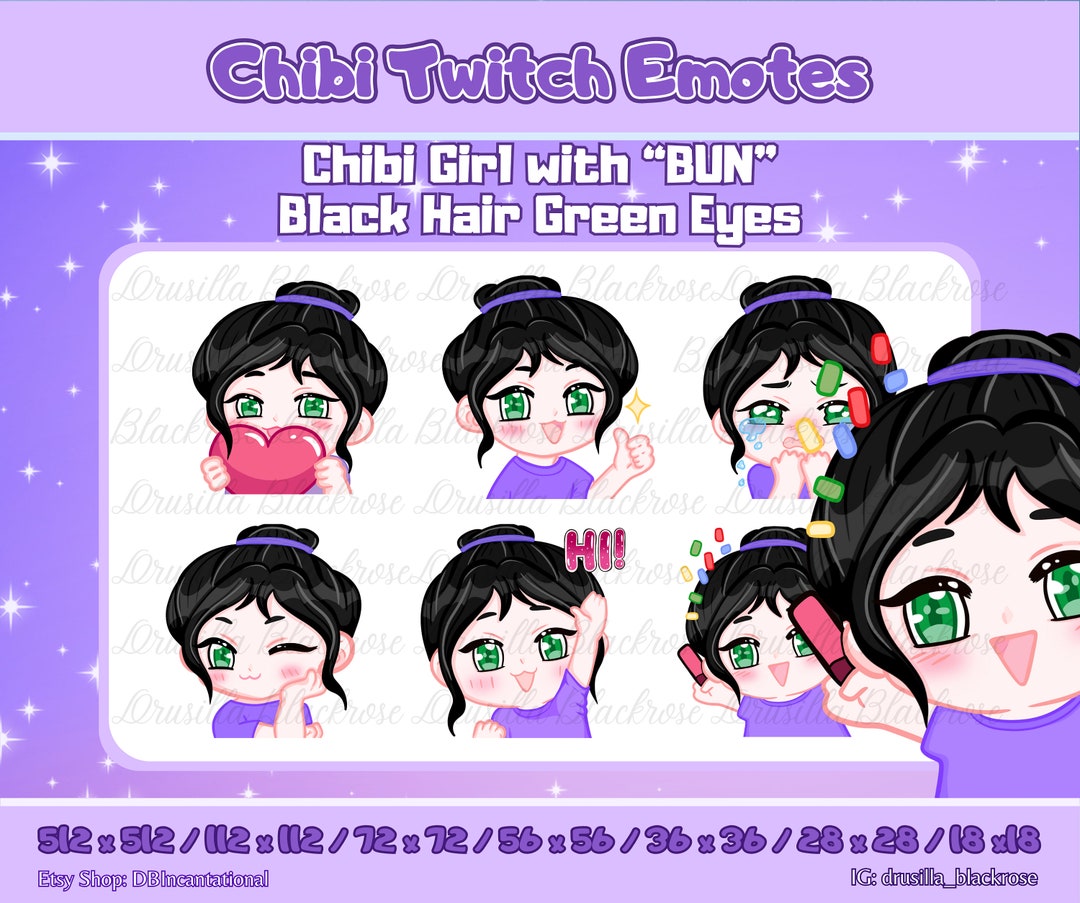 Cute Chibi Girl Emote With Bun Hairstyle, Black Hair Green Eyes, 6 ...
