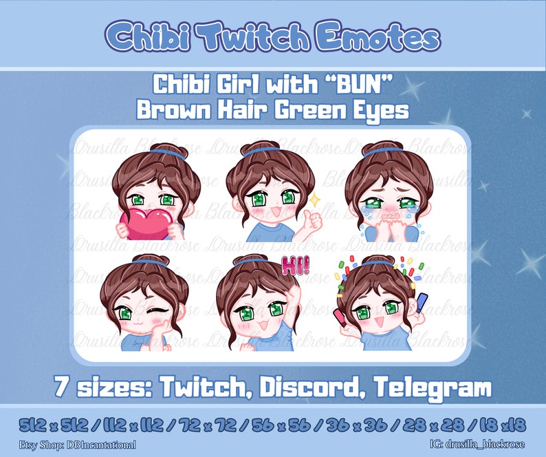 Cute Chibi Girl Emote With Bun Hairstyle, Brown Hair Green Eyes, 6 ...