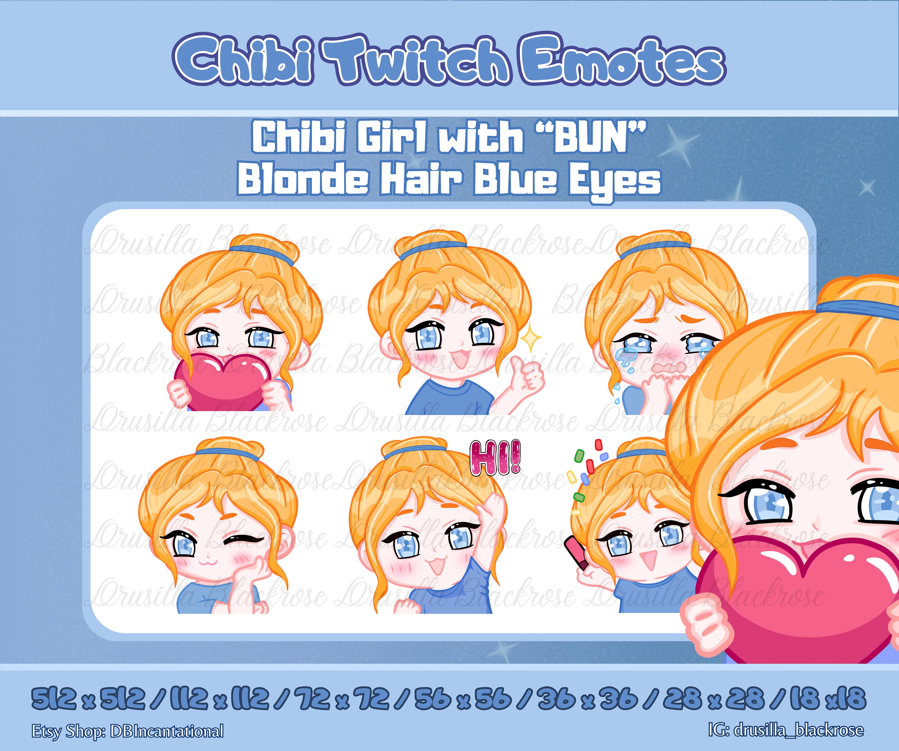 Cute Chibi Girl Emote With Bun Hairstyle, Blonde Hair Blue Eyes, 6 ...
