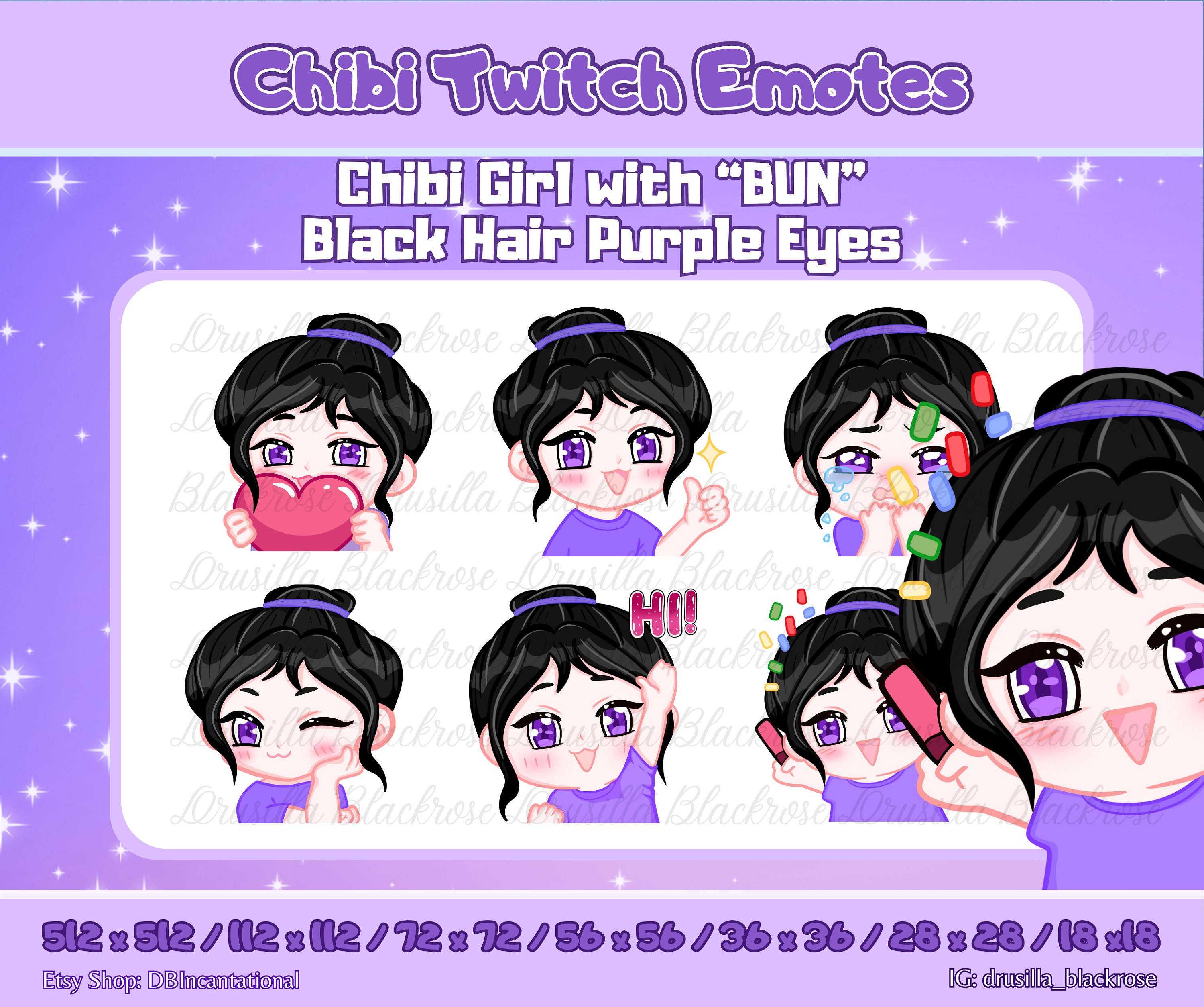 Cute Chibi Girl Emote With Bun Hairstyle, Black Hair Purple Eyes, 6 ...
